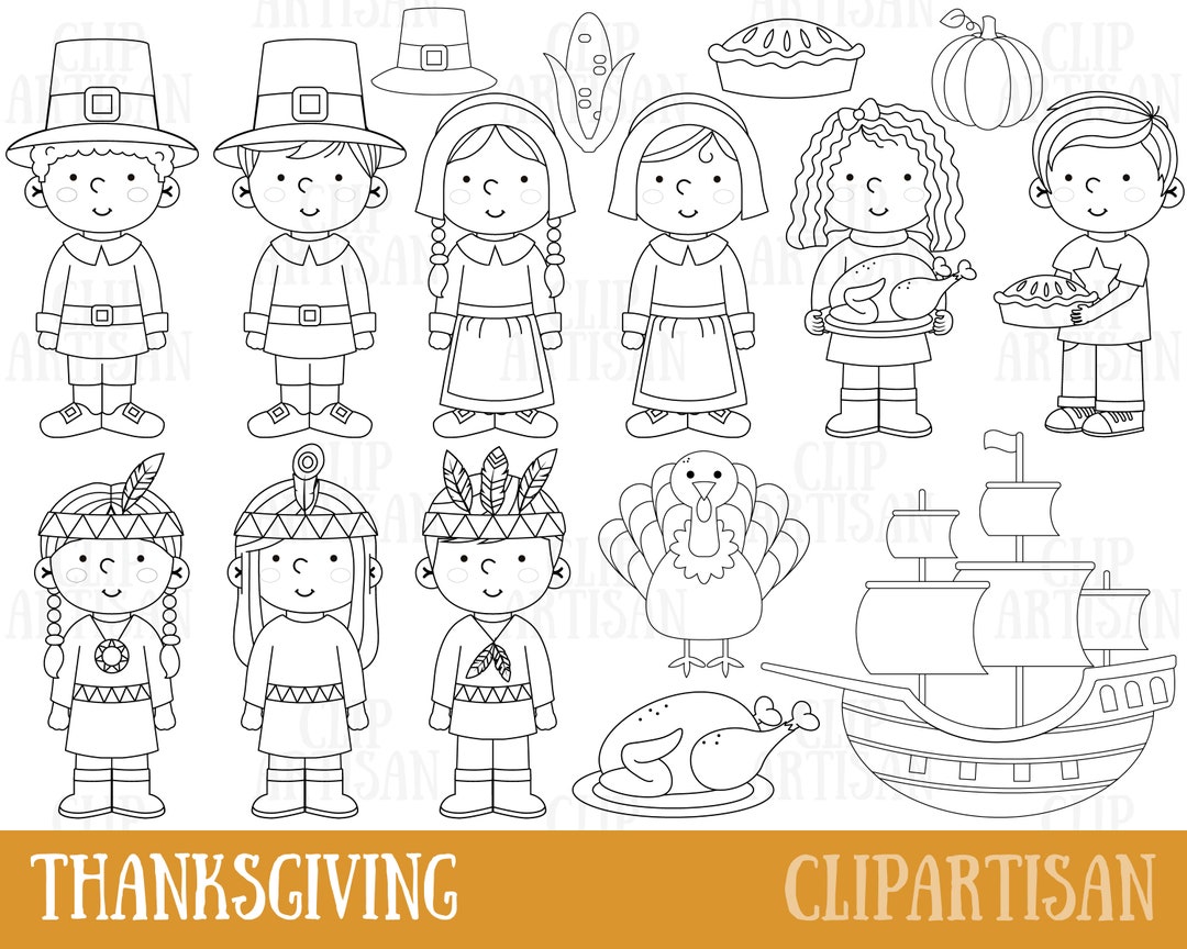 Thanksgiving Clip Art, Digital Stamps, Pilgrims, Native Americans, Fall ...