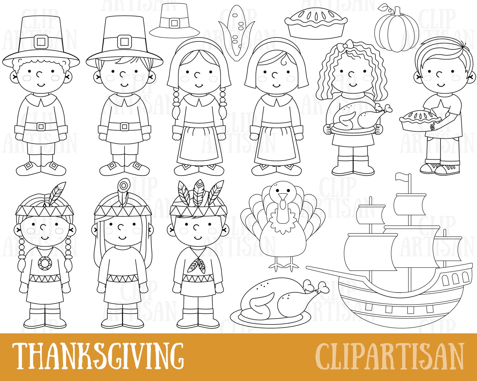 Thanksgiving Clip Art, Digital Stamps, Pilgrims, Native Americans, Fall ...