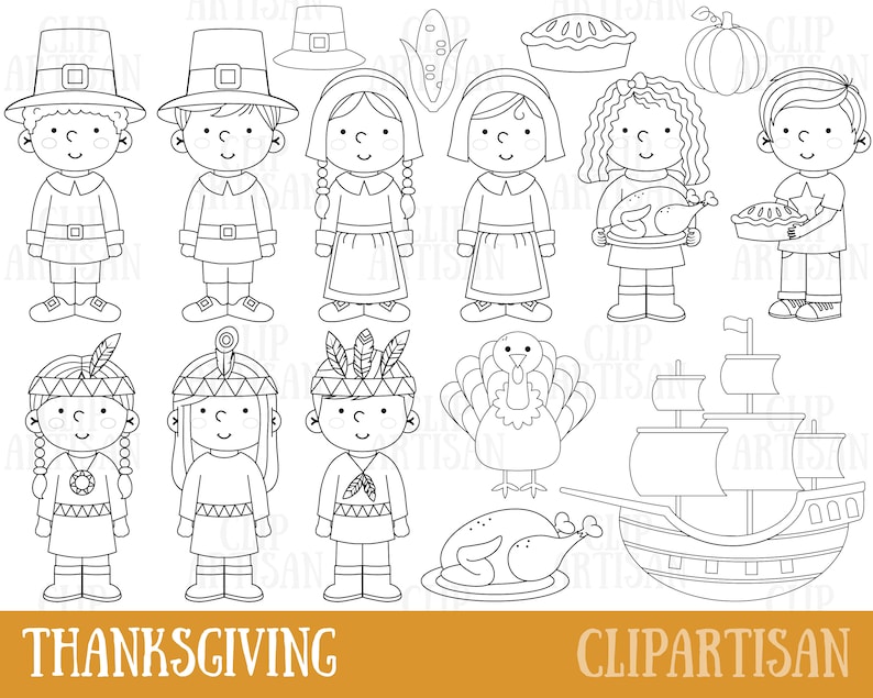 Thanksgiving Clip Art, Digital Stamps, Pilgrims, Native Americans, Fall ...