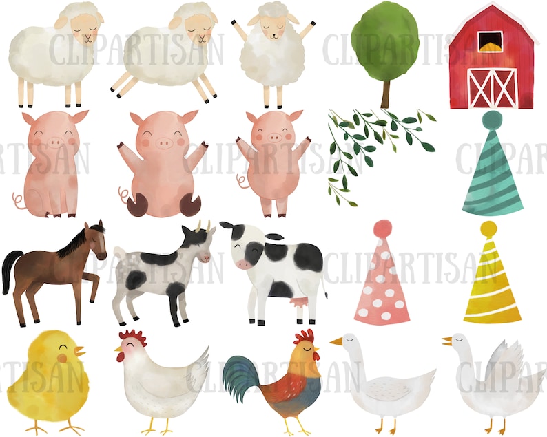 Watercolor Farm Animals Clipart, Watercolor Horse, Chicken, Pig, Cow ...