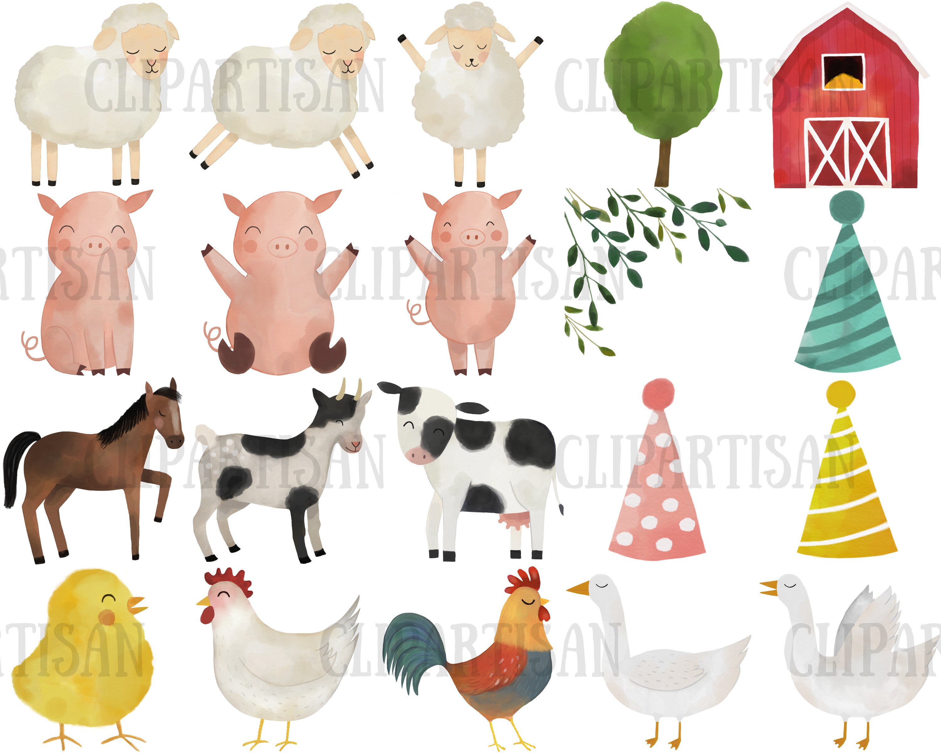 Watercolor Horse Pig Chicken Watercolor Farm Animals Clipart Cow Craft ...
