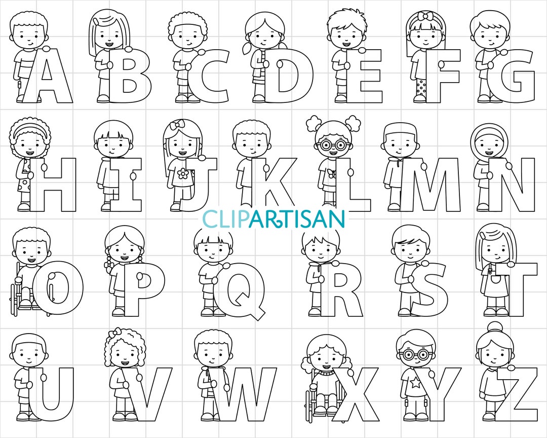 Kids Alphabet Clipart, A to Z Uppercase Digital Stamps, Kids Holding ...