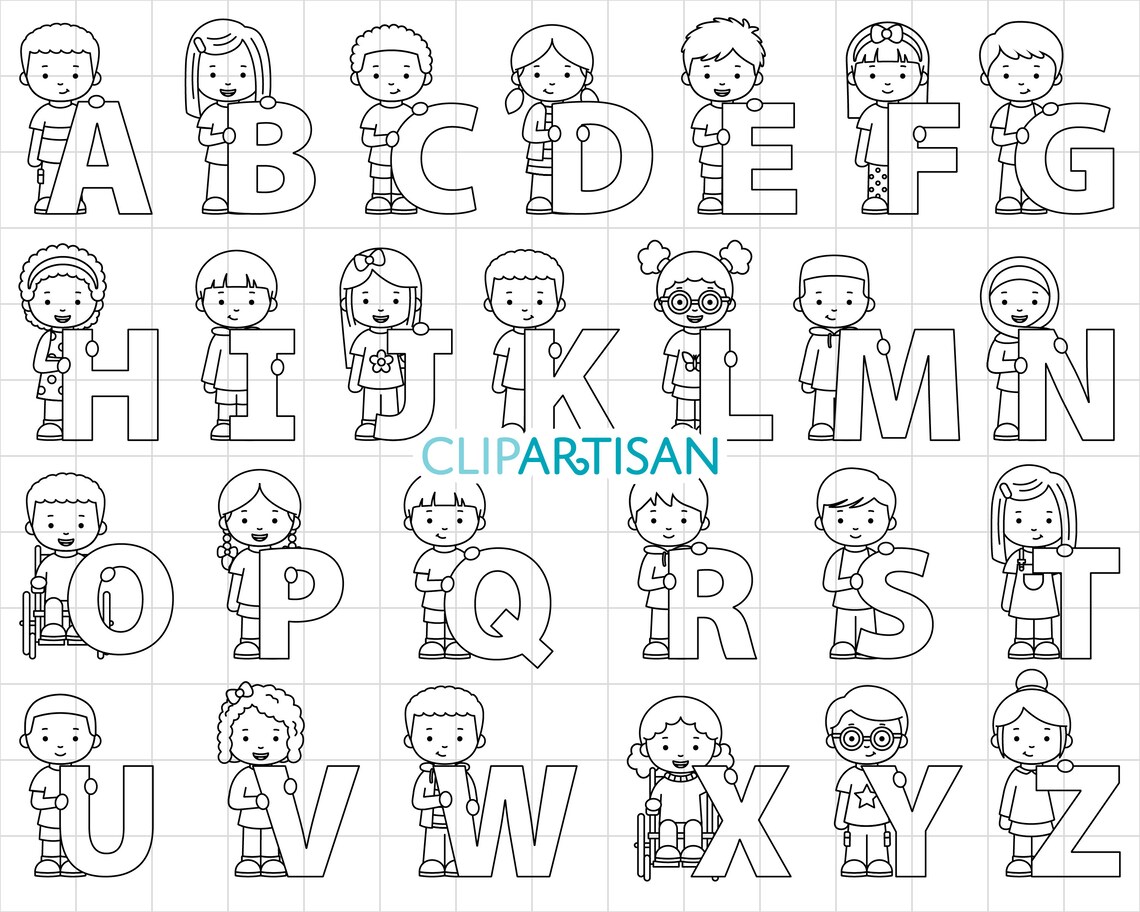 Kids Alphabet Clipart, A to Z Uppercase Digital Stamps, Kids Holding ...