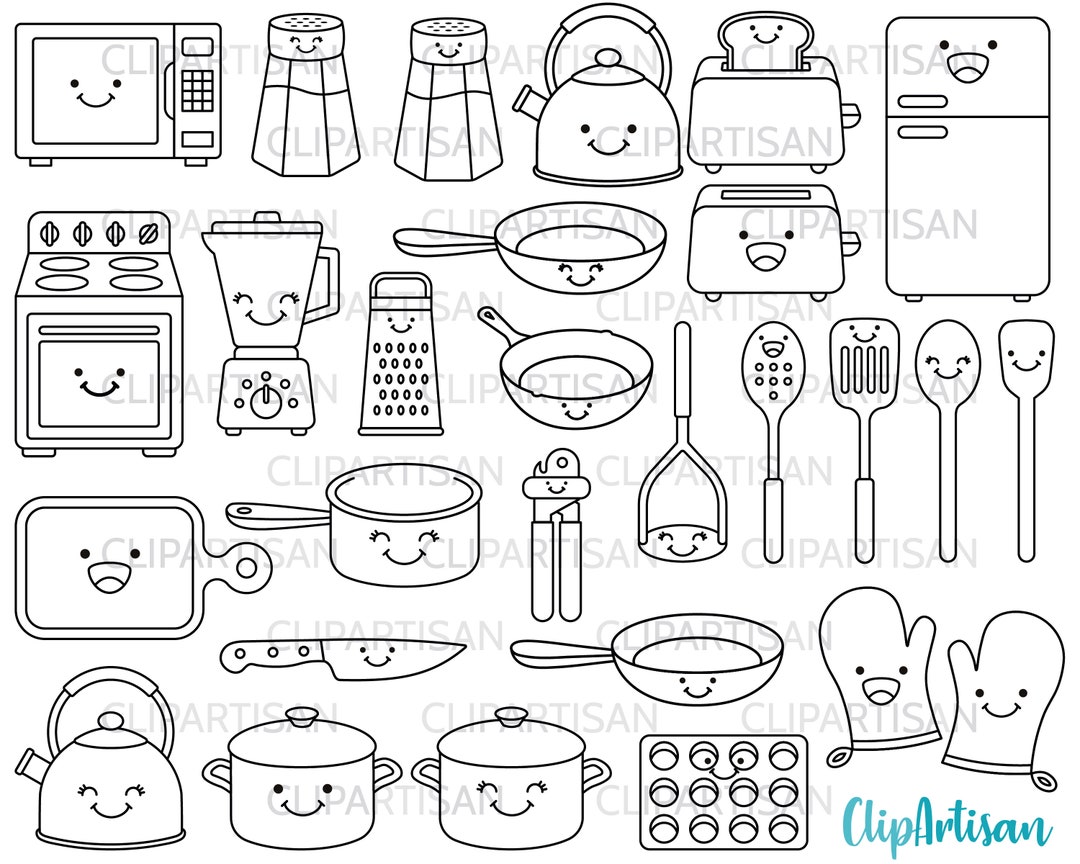 Kawaii Kitchen Digital Stamps , Cute Kitchen Cooking Clip Art Set ...