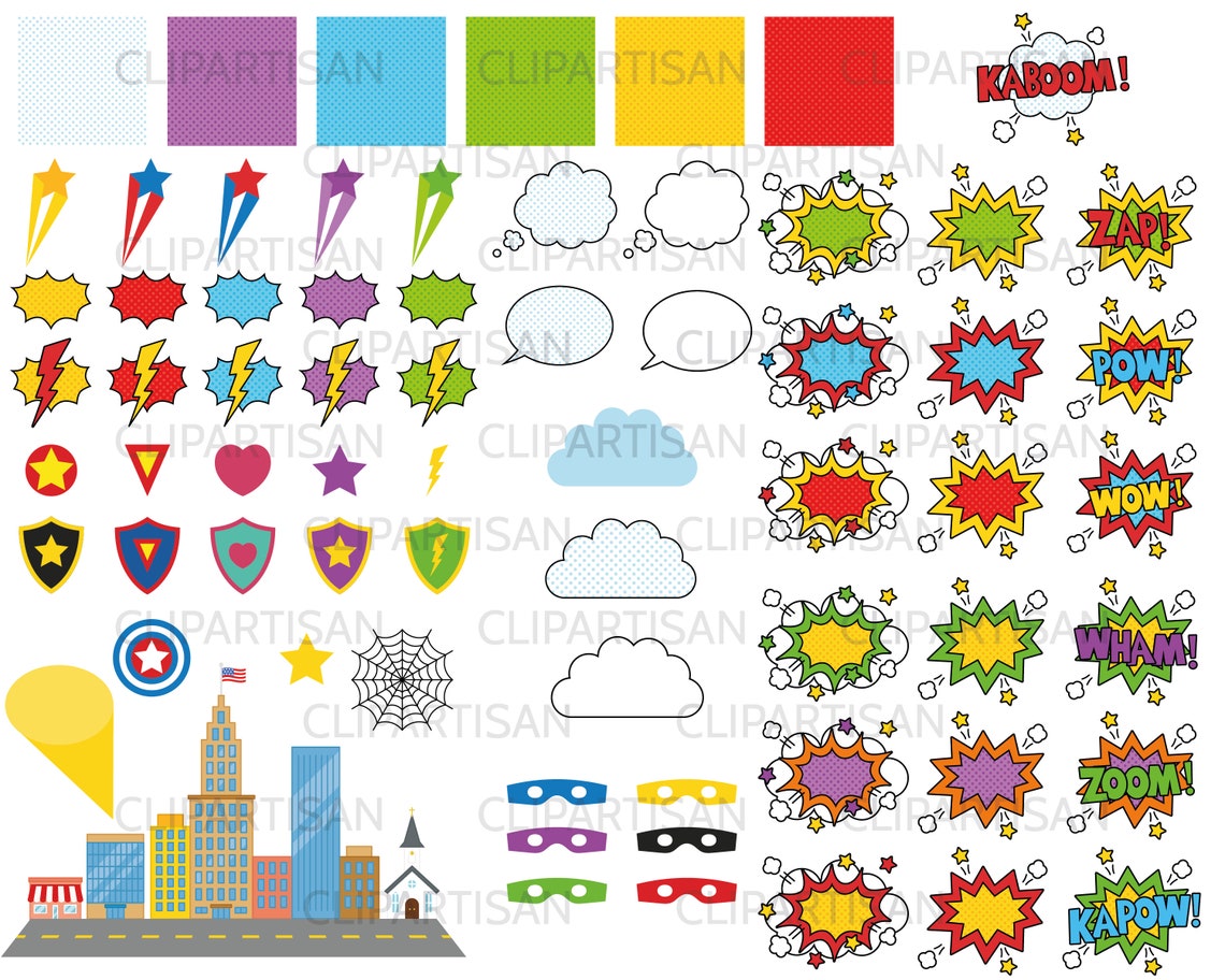 Superhero Comic Text Clipart Comic Book Elements Superhero - Etsy