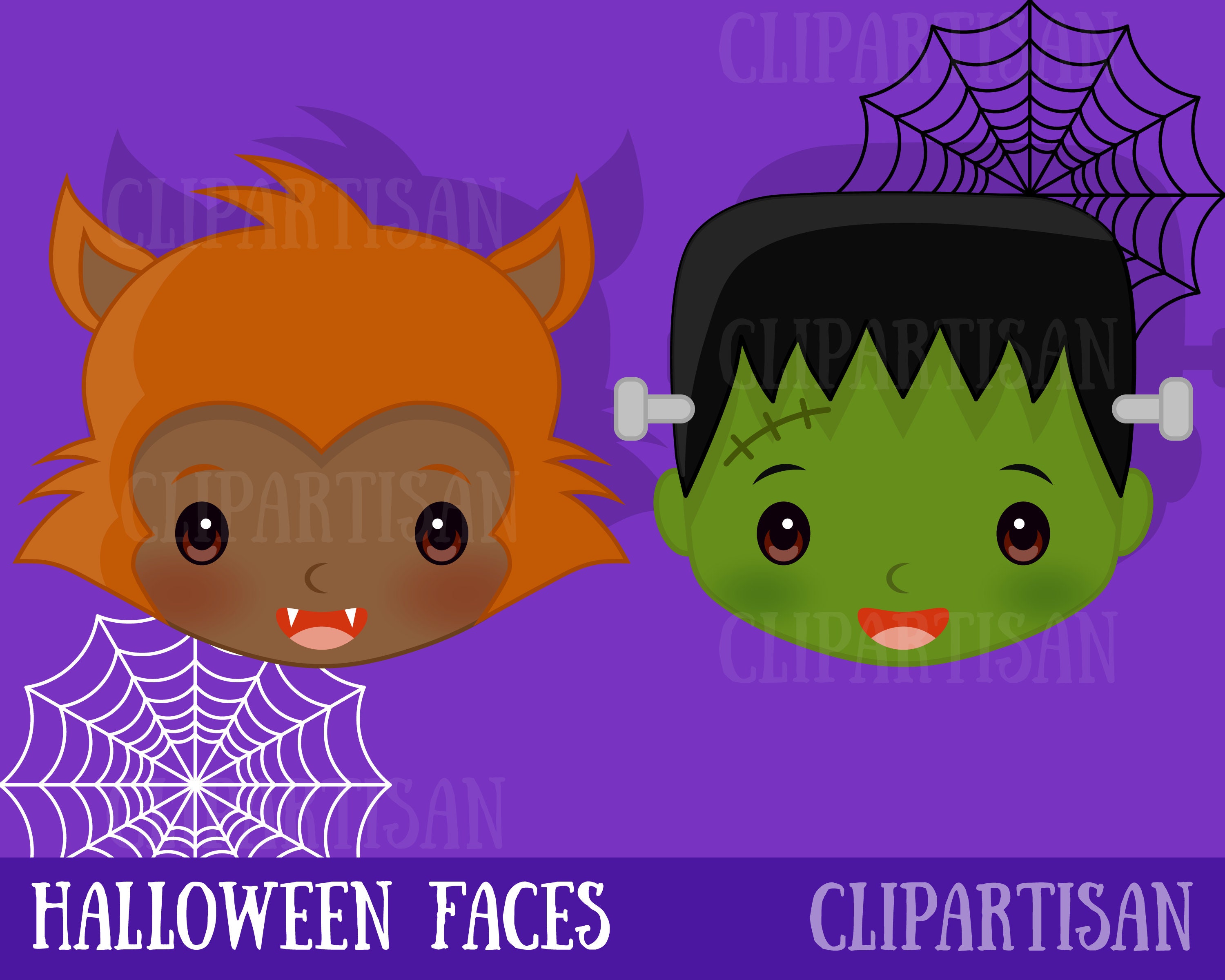 Halloween Faces Clipart, Frankenstein, Dracula, Ghost, Mummy, Devil ...
