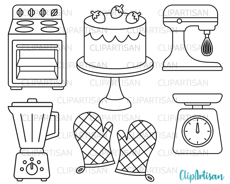 Kitchen Tools Baking Cooking Clip Art Digital Stamps PNG SVG Instant ...