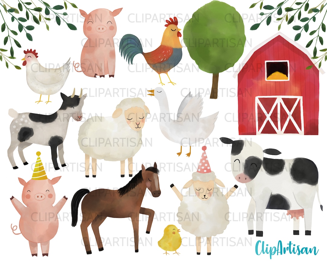 Watercolor Farm Animals Clipart, Watercolor Horse, Chicken, Pig, Cow - Etsy