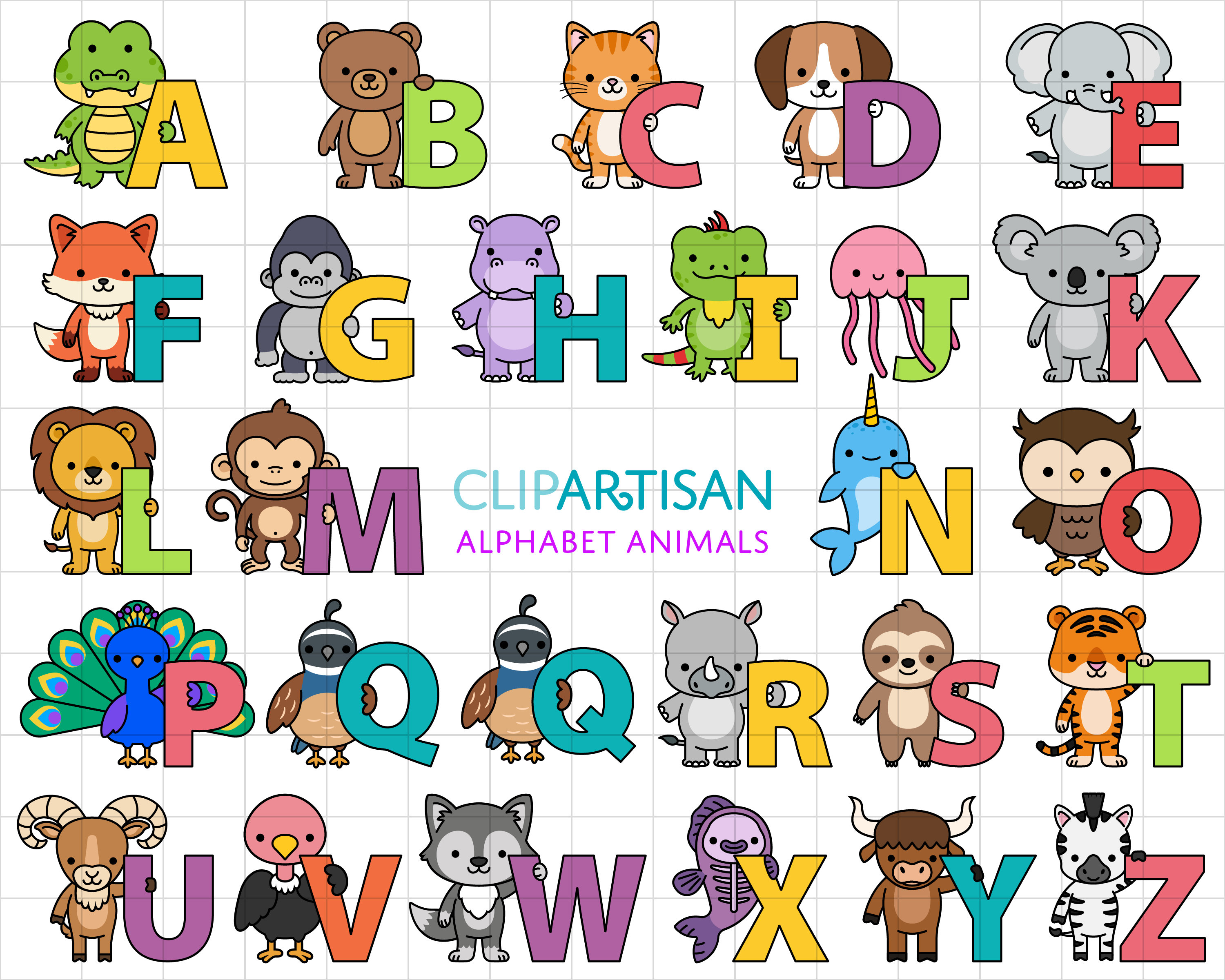Animals of the Alphabet Clipart, A to Z Animals Svg Digital Stamps ...