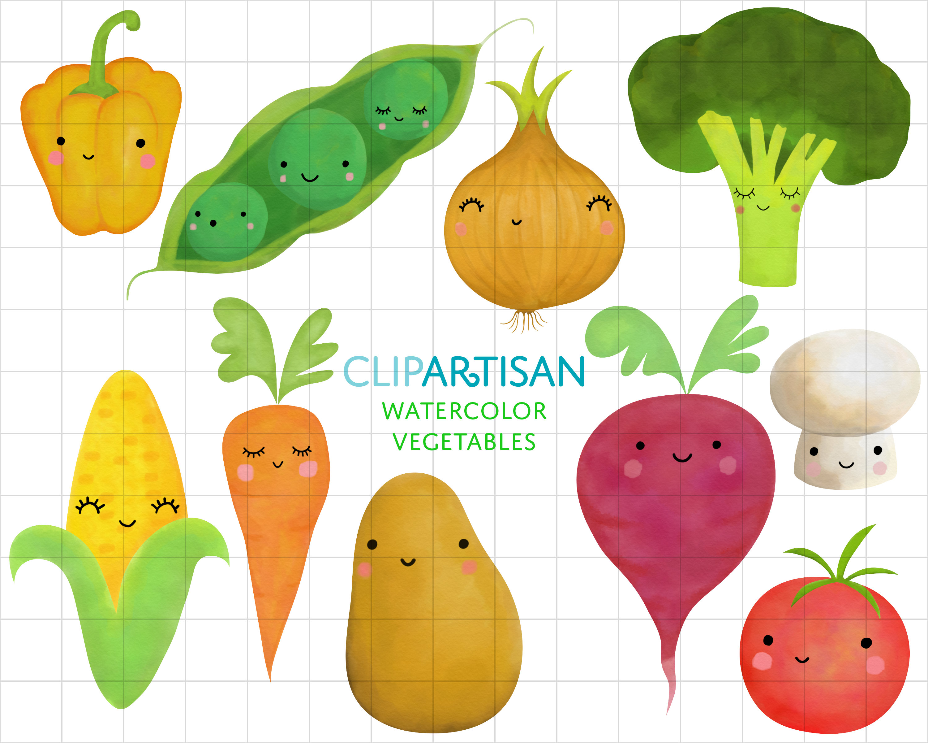 Happy Vegetables Watercolor Clipart Kawaii Clip Art Cute - Etsy UK