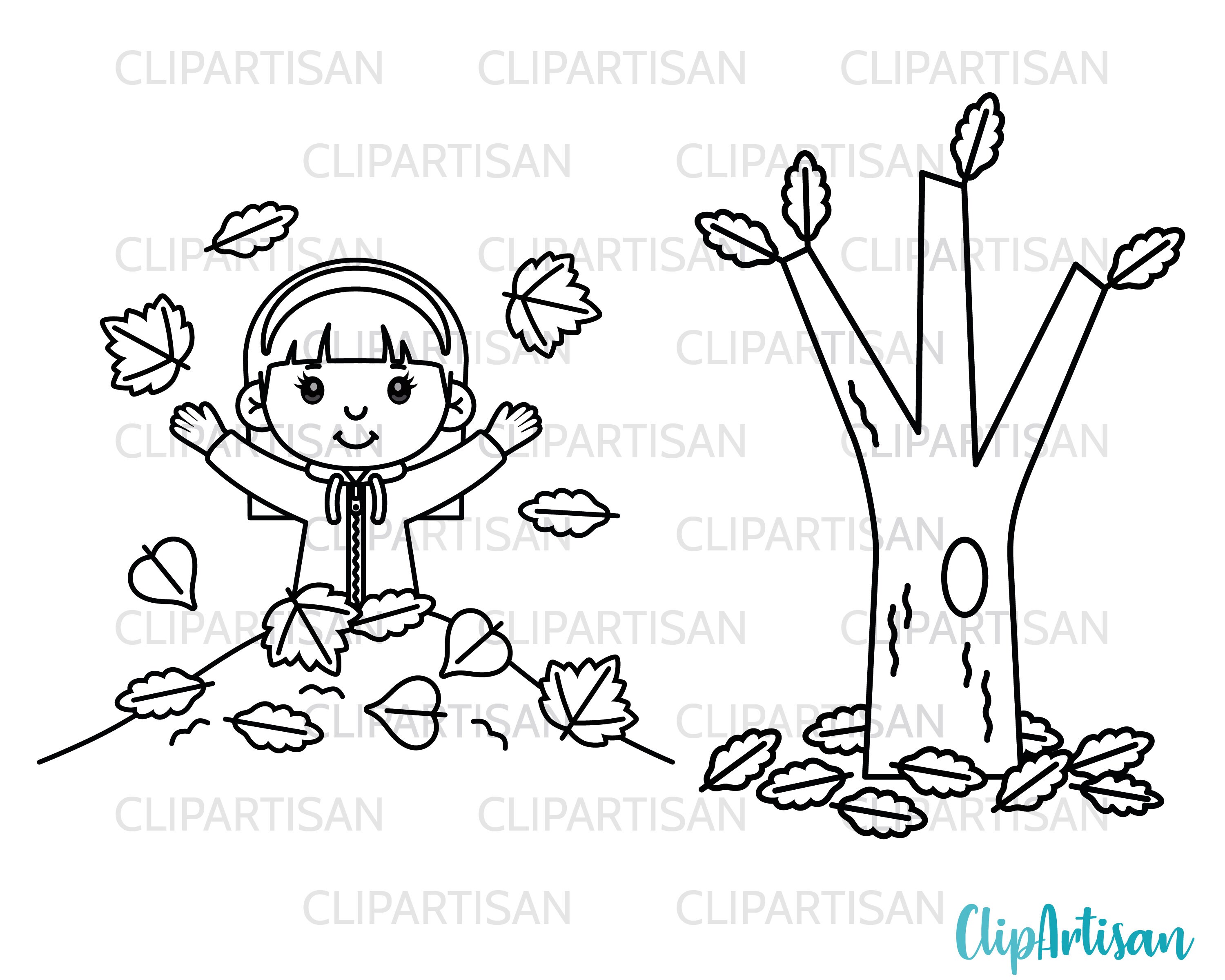 Kids Raking Leaves Clipart Black And White