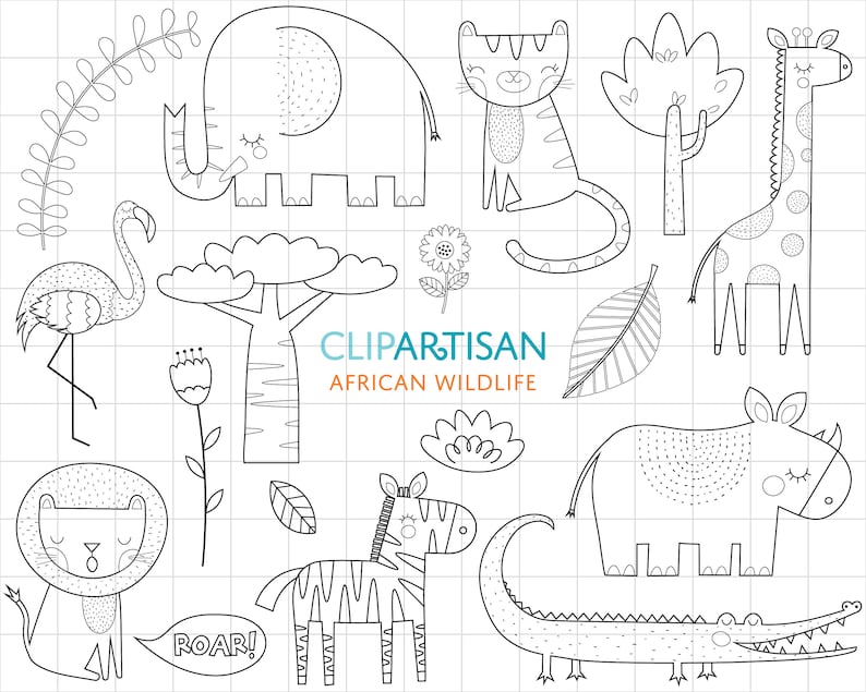 African Animals Digital Stamp, Safari Animals, Wildlife Clip Art ...