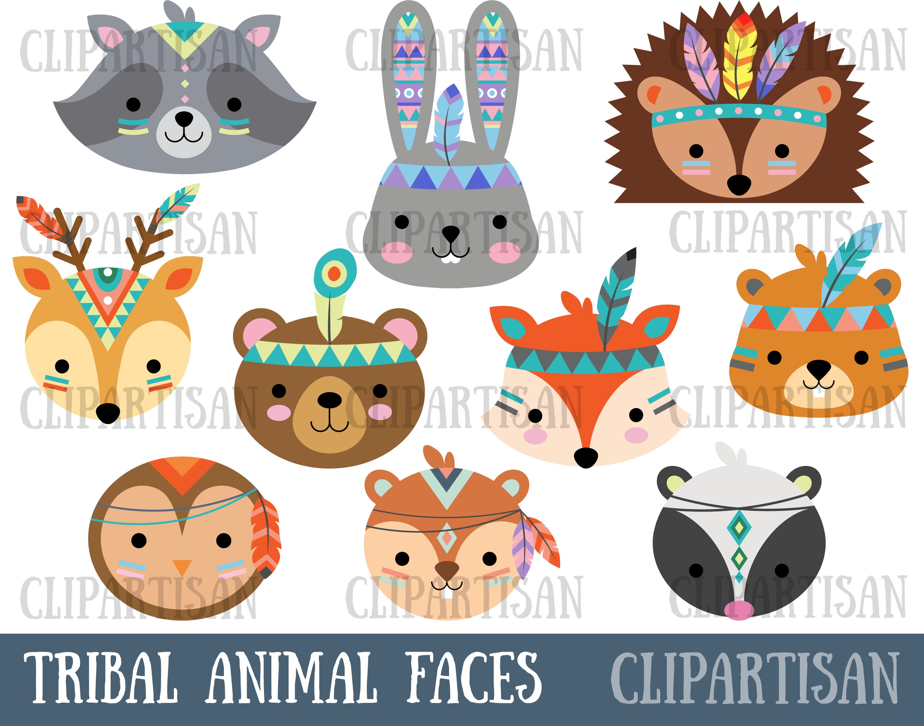 Tribal Animal Faces Clipart Woodland Animal Faces Nursery | Etsy España