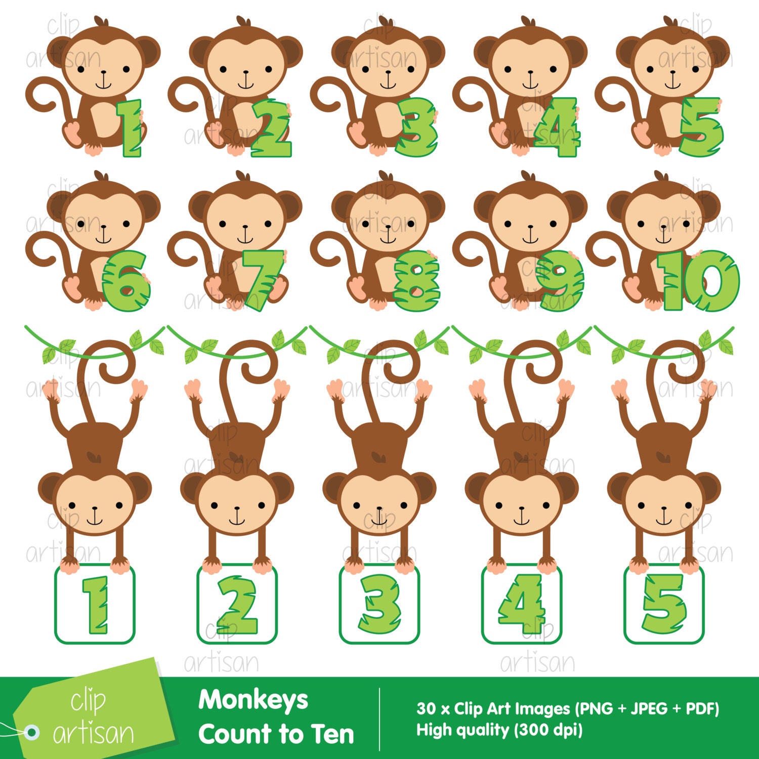 Monkey Numbers / Numbers 1 to 10 Clipart - Etsy