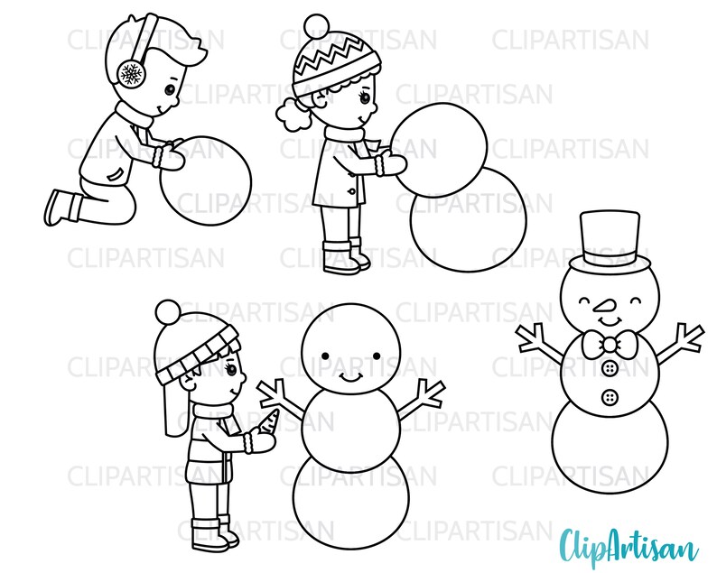 Winter Kids Digital Stamp, Snow Day, Christmas, Build a Snowman, Skiing ...