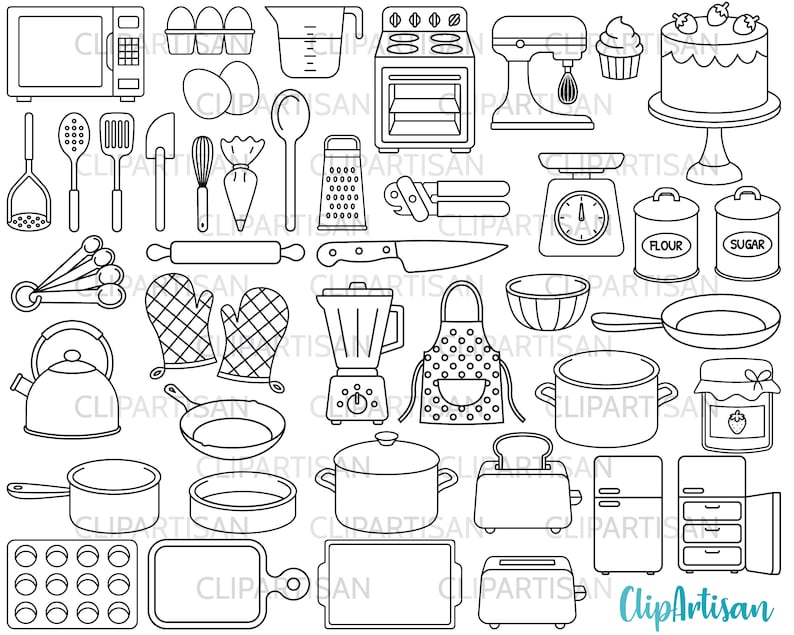 Kitchen Tools Baking Cooking Clip Art Digital Stamps PNG SVG Instant ...