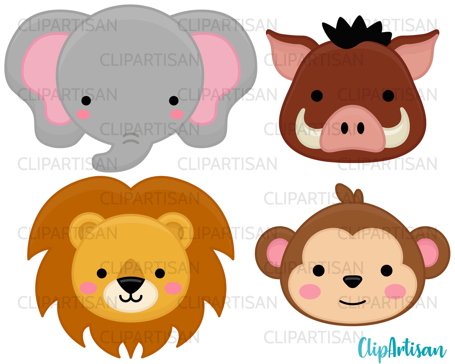 African Animal Faces Clipart, Safari Baby Animals, Jungle Animals, Zoo ...