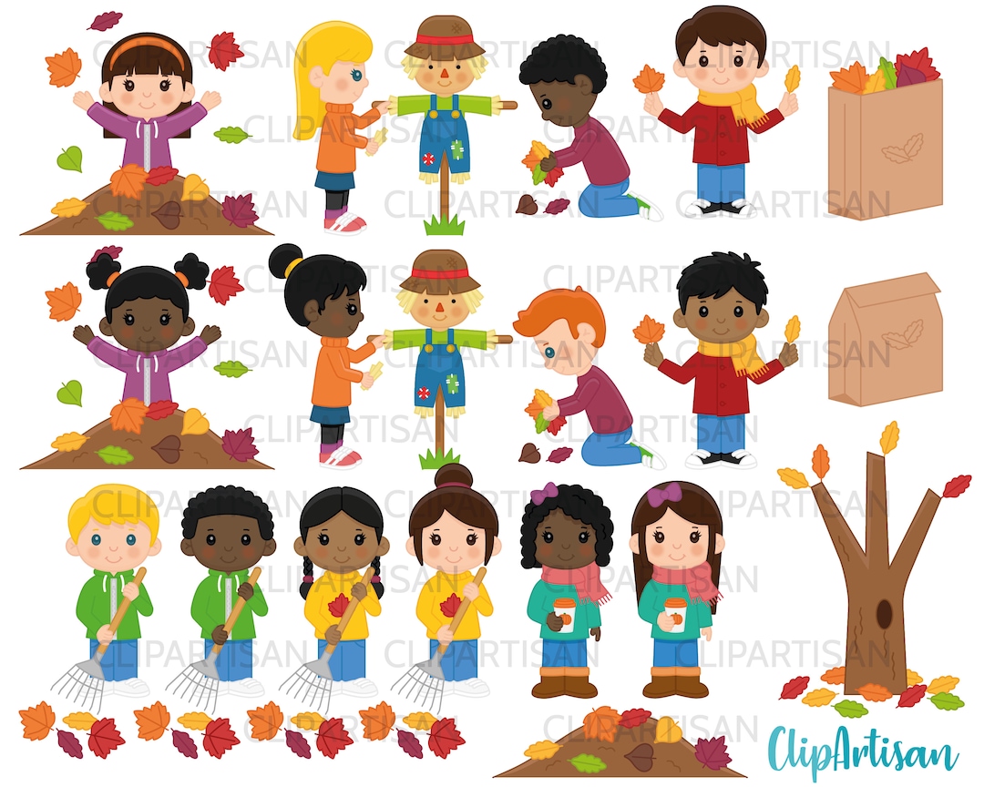 Fall Kids Clipart, Autumn Kids in Leaves Clip Art, PNG Instant Download ...