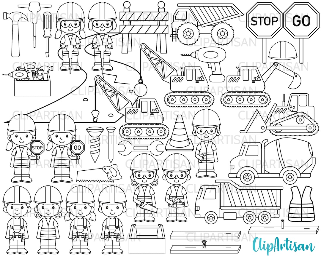 Construction Workers Digital Stamps, Construction Boys and Girls Clip ...
