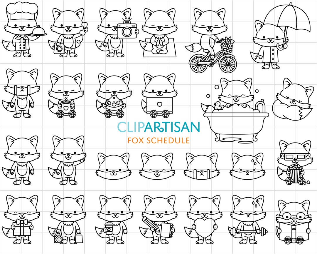 Kawaii Fox Clip Art, Cute Foxes Digital Stamps, Fall Fox, Yoga Fox ...