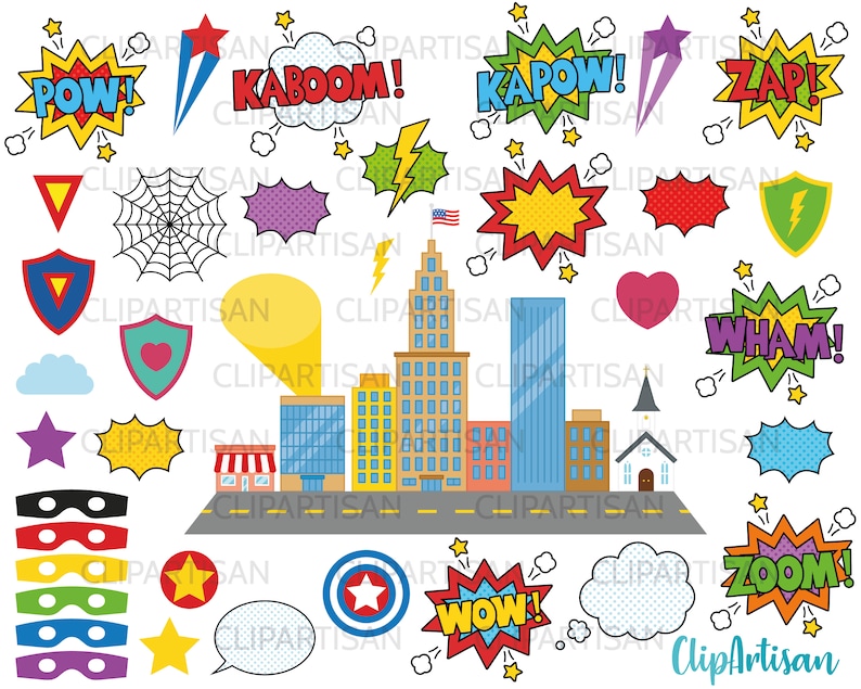 Superhero Comic Text Clipart Comic Book Elements Superhero - Etsy