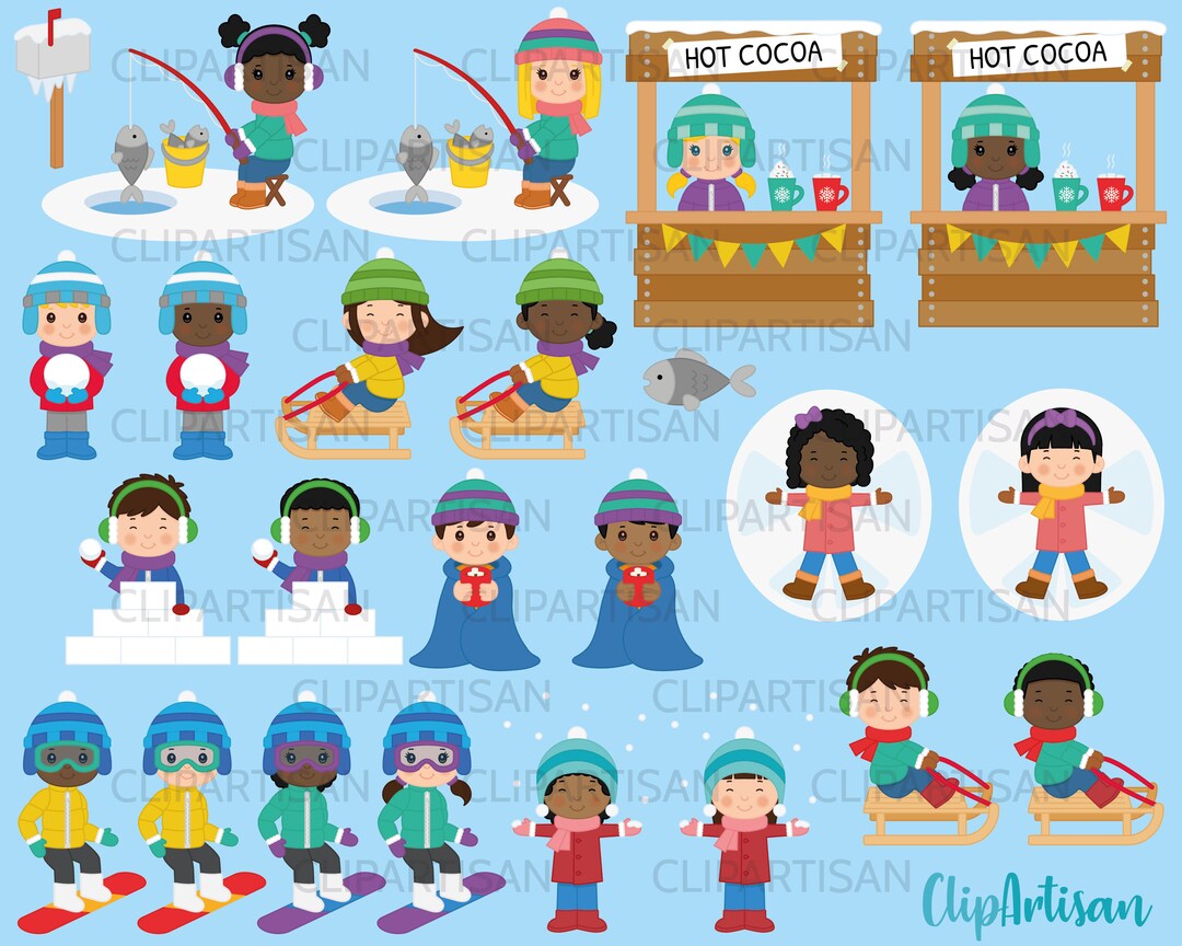 Winter Kids Clipart, Sledding Clipart, Snowboarding, Holiday Clipart ...