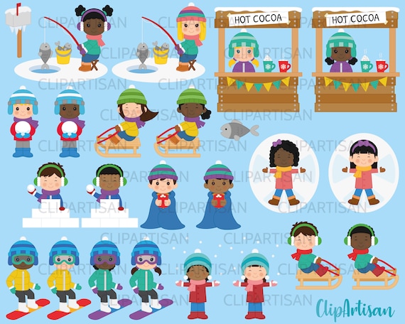 Winter Kids Clipart Sledding Clipart Snowboarding Holiday - Etsy