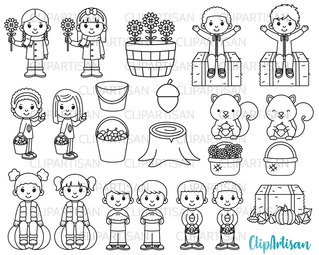 Autumn Kids Clipart, Acorn Collecting, Fall Clip Art, PNG SVG Instant ...