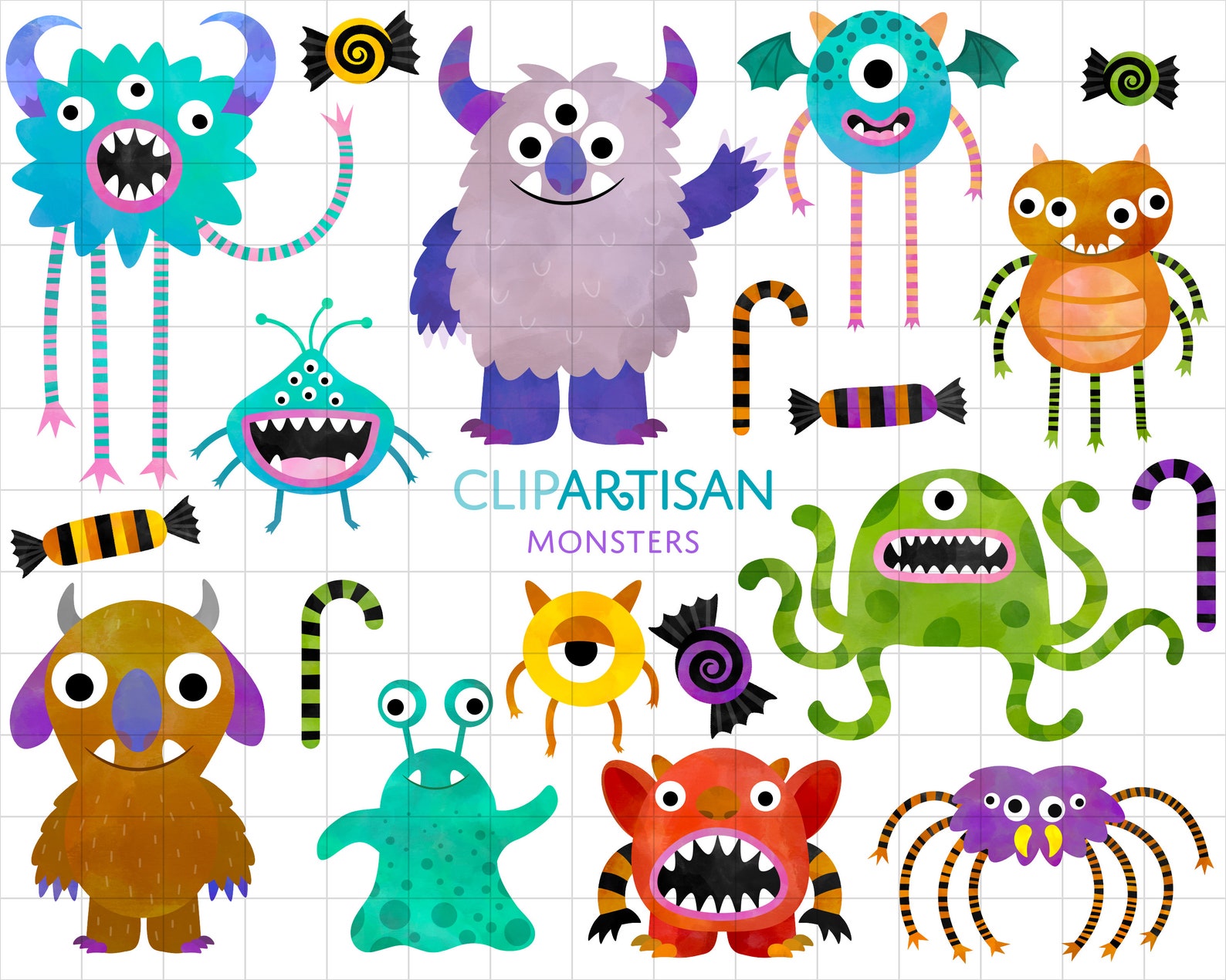 Watercolor Monsters Clipart Halloween Graphics Trick or - Etsy