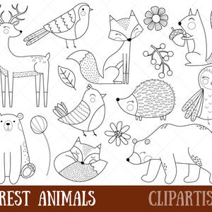 Woodland Animals Clipart Digital Stamps | Black and White Line Art ...