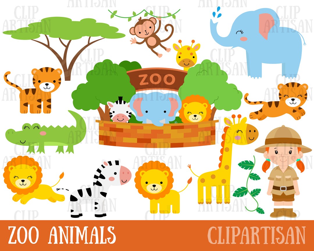 Safari Zoo Animals Clipart, Zoo Keeper, Jungle Animals, Monkey, Giraffe ...