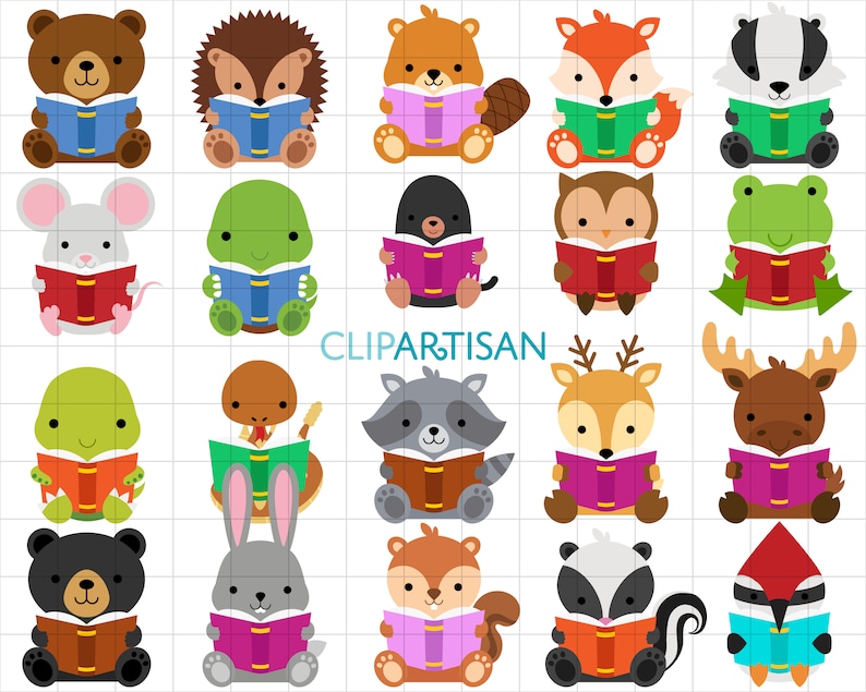 Woodland Animals Reading a Book Clipart Bundle, Woodland Animals, Back ...