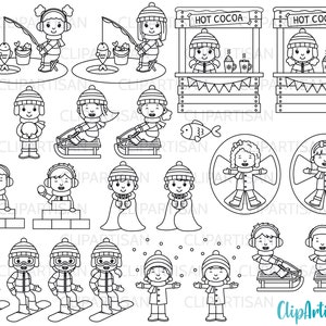 Winter Kids Digital Stamp, Snow Day, Christmas, Build a Snowman, Skiing ...