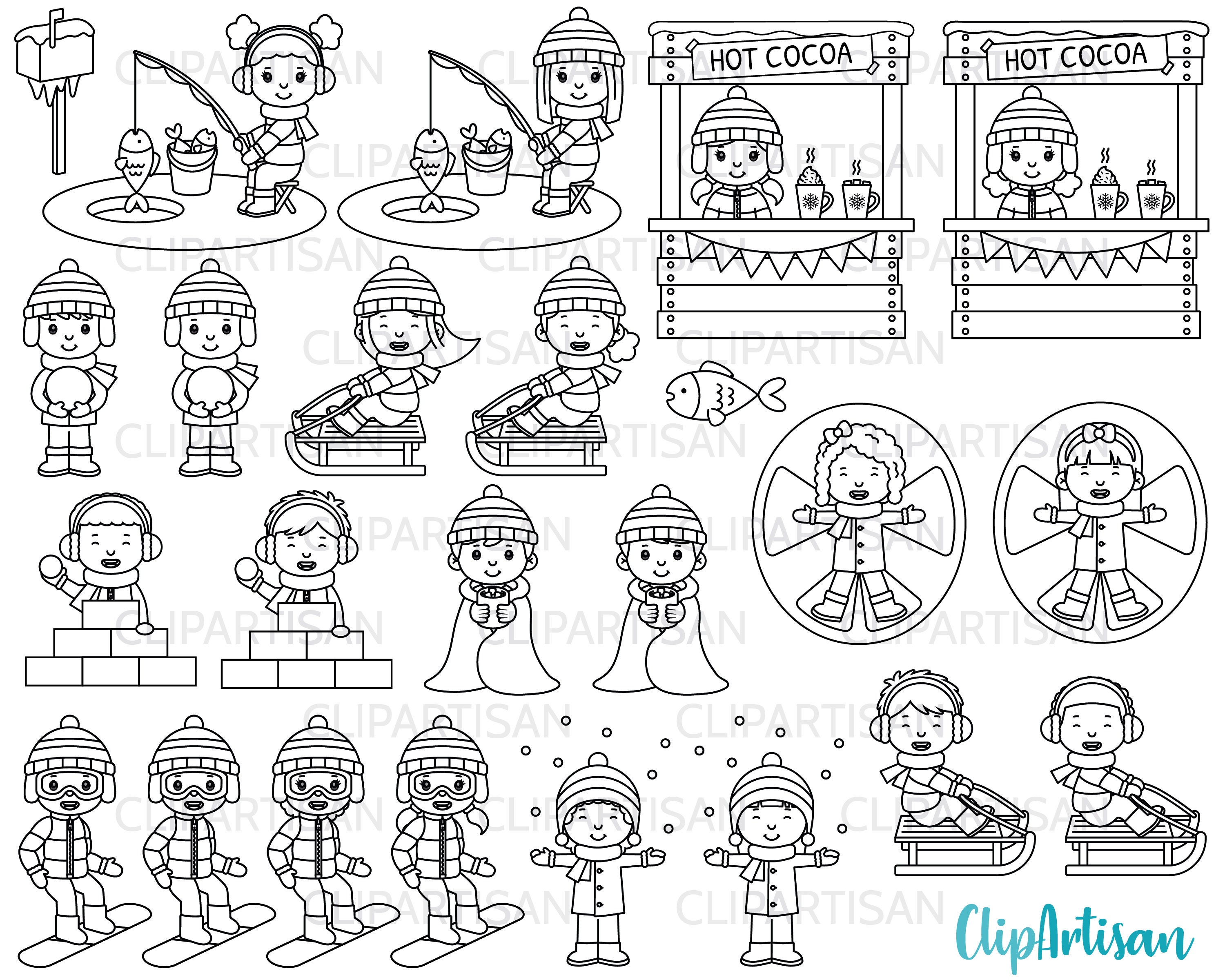Winter Kids Digital Stamp, Snow Day, Christmas, Build a Snowman, Skiing ...