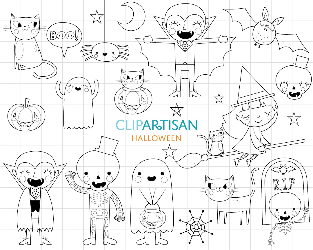 Halloween Clipart Digital Stamps | Trick or Treat Coloring Page ...