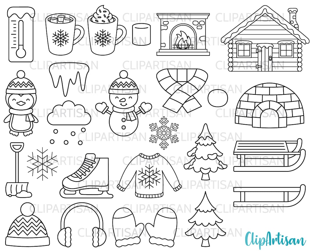 Winter Essentials Digital Stamp, Igloo Clipart, Snowman, Holiday ...