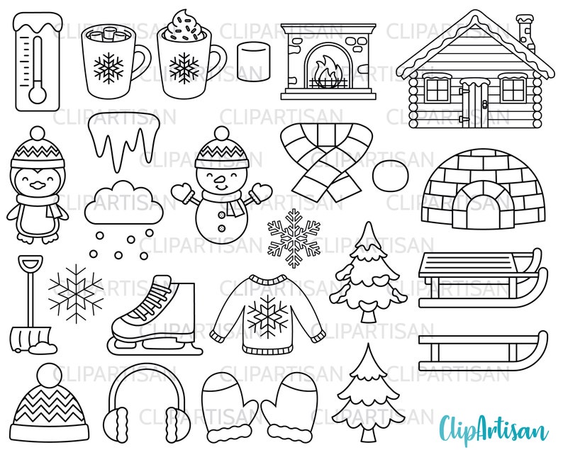 Winter Essentials Digital Stamp, Igloo Clipart, Snowman, Holiday ...