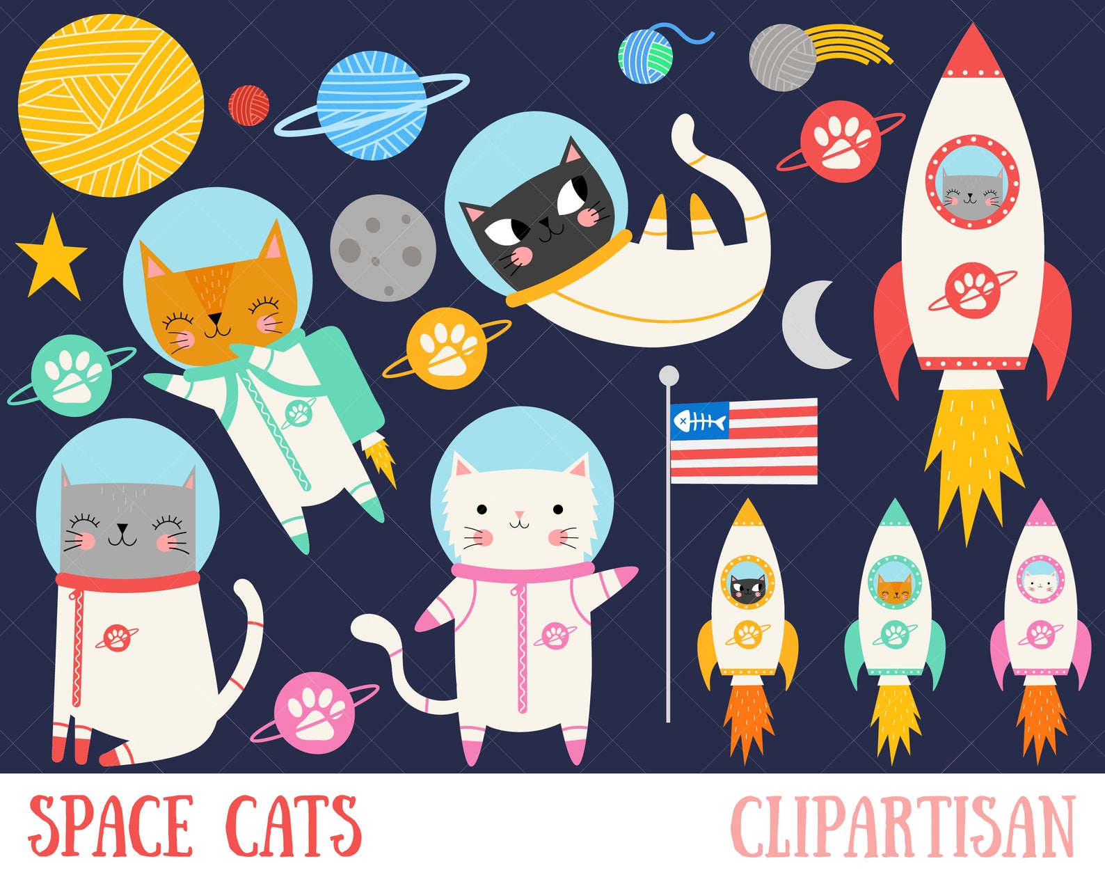 Space Cat Clipart | Kitten and Yarn Clip Art | Astronaut Printable ...