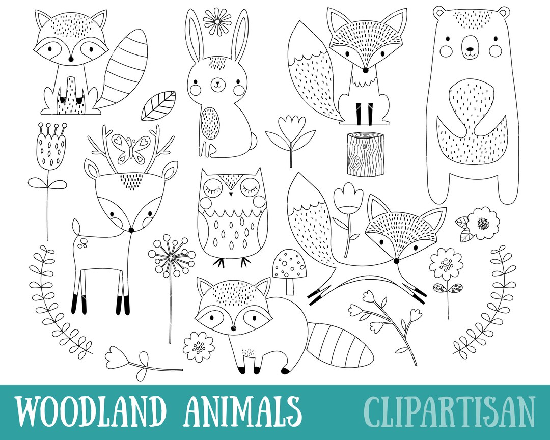 Woodland Animals Digital Stamp | Line Art | EPS Vector Graphics ...