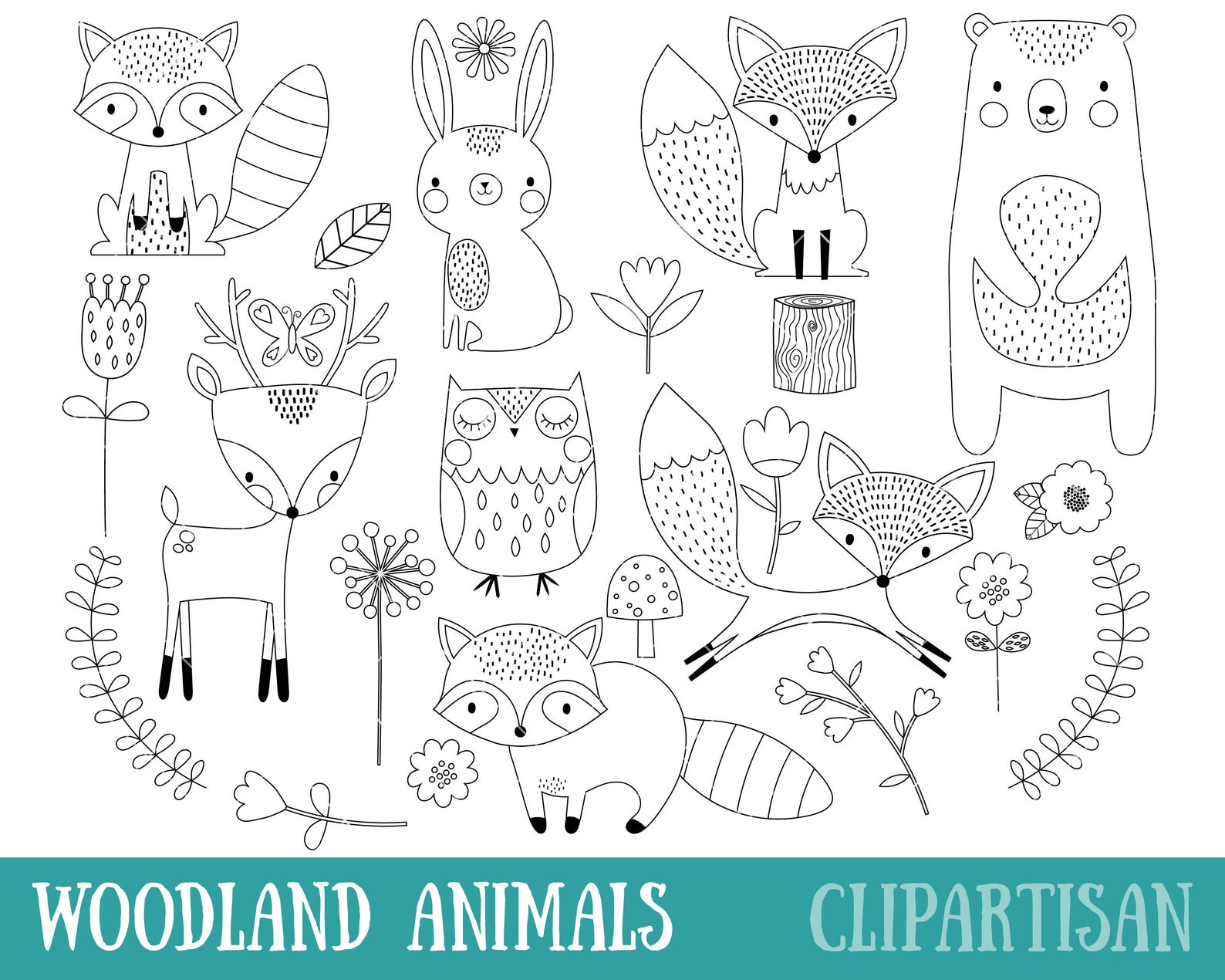 Woodland Animals Digital Stamp | Line Art | EPS Vector Graphics ...