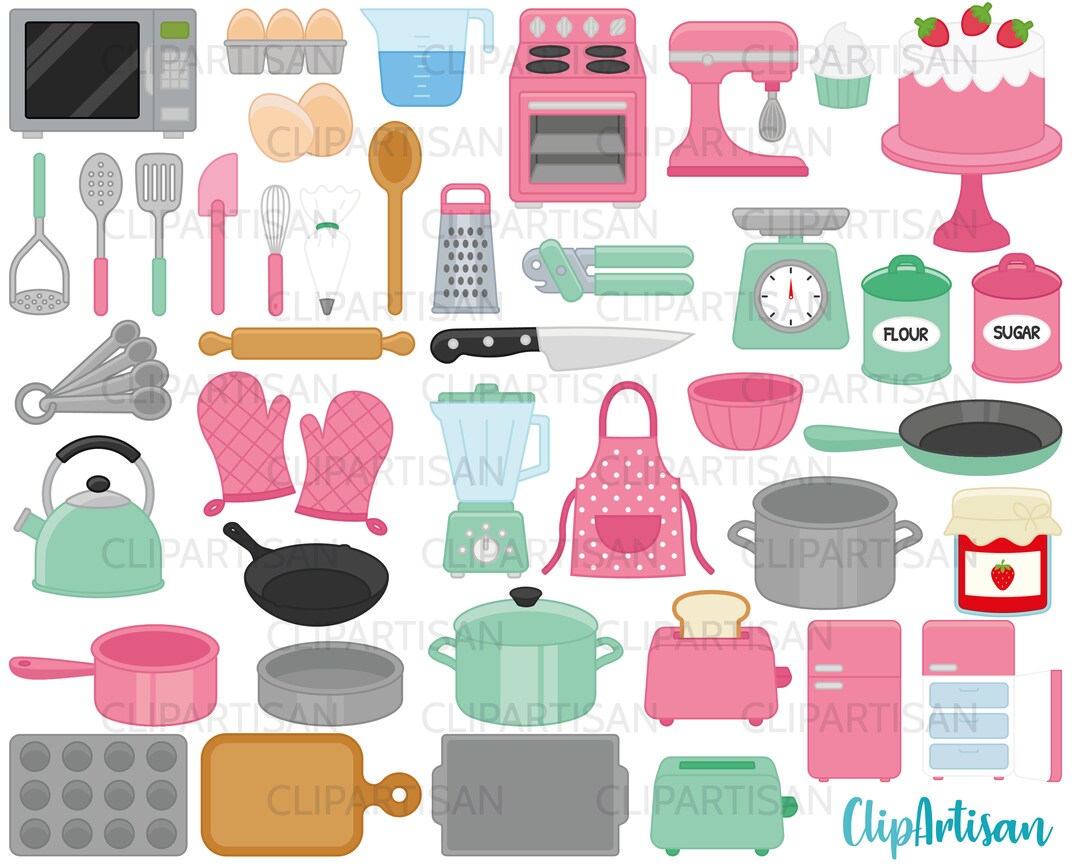 Retro Baking Clipart, Vintage Baking, Kitchen, Cooking, Pink and Green ...
