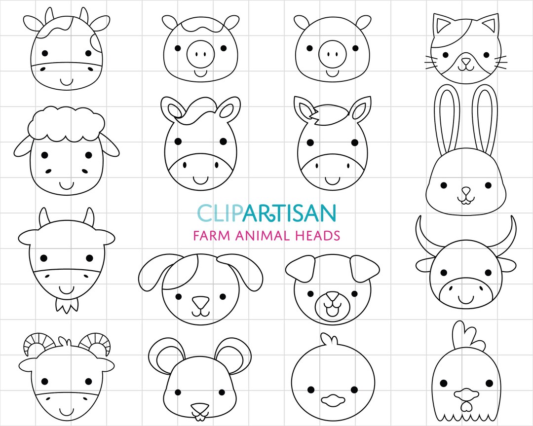 Farm Animal Faces Clipart, Farmyard Animals, Digital Stamps, Pig, Cow ...