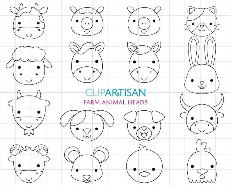 Farm Animal Faces Clipart, Farmyard Animals, Digital Stamps, Pig, Cow ...