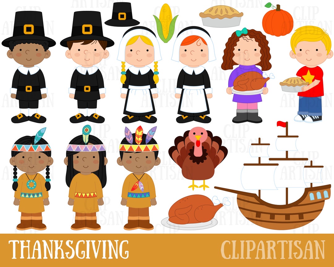 Thanksgiving Clip Art, Pilgrims, Native Americans, Fall, Autumn ...