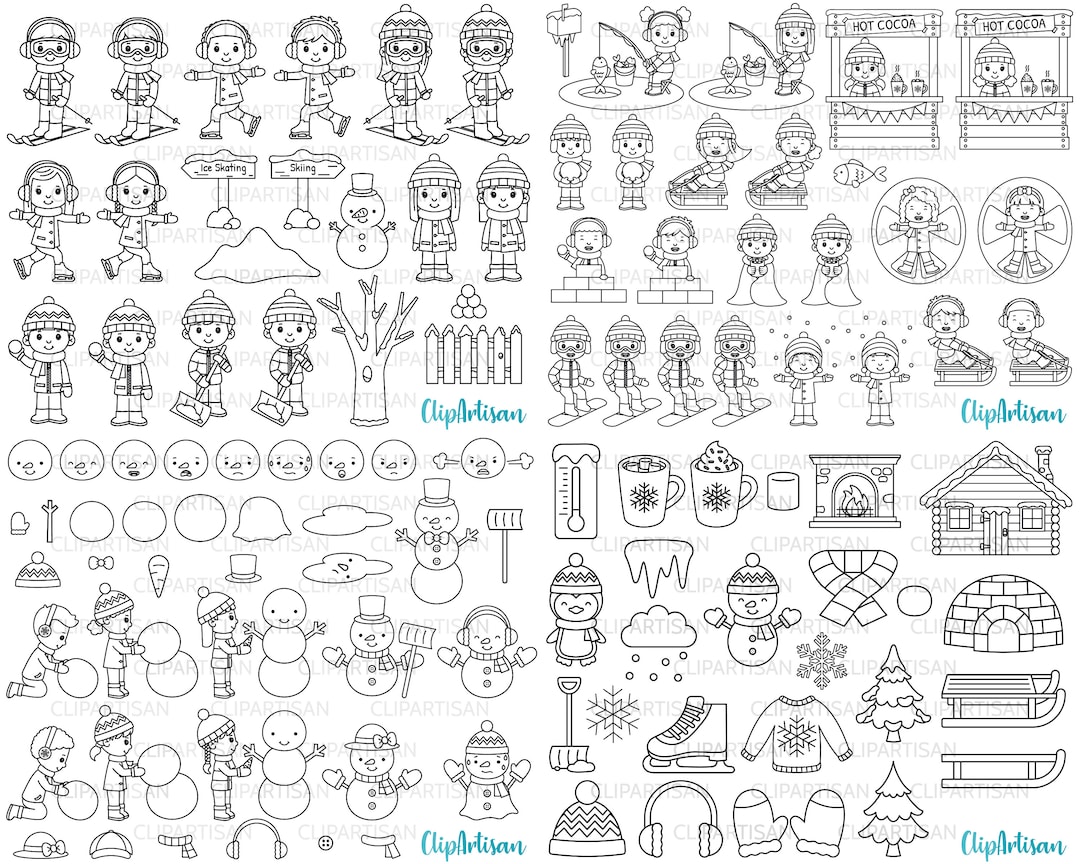 Winter Kids Digital Stamp, Snow Day, Christmas, Build a Snowman, Skiing ...