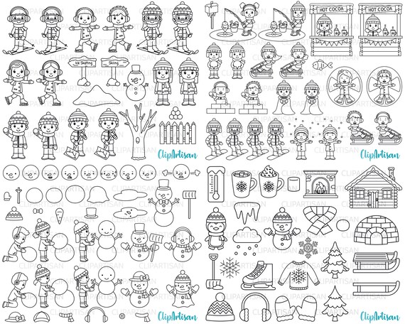 Winter Kids Digital Stamp Snow Day Christmas Build a | Etsy