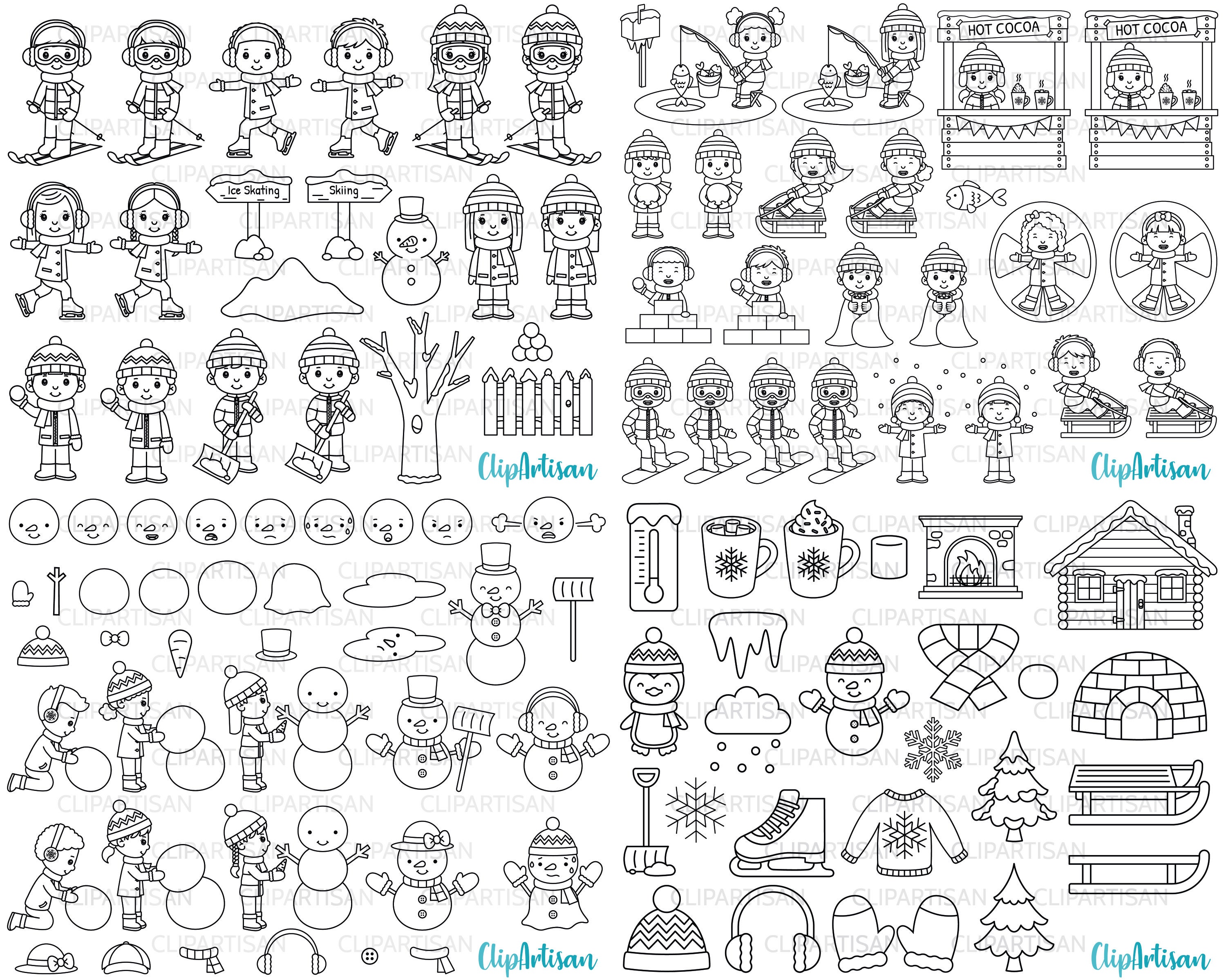 Winter Kids Digital Stamp, Snow Day, Christmas, Build a Snowman, Skiing ...