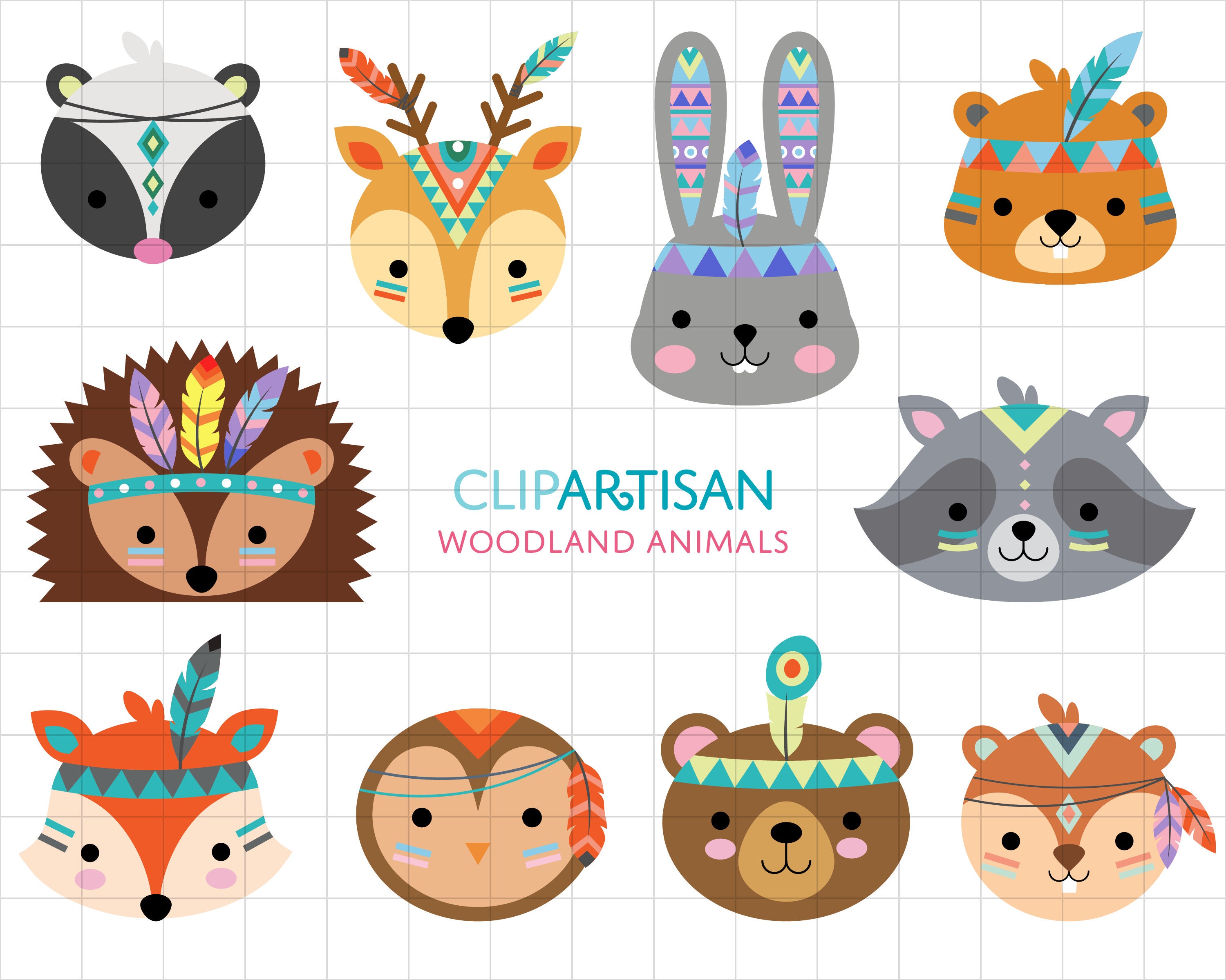 Tribal Animal Faces Clipart Woodland Animal Faces Nursery - Etsy México