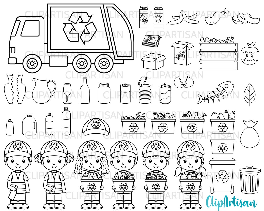 Recycling Digital Stamps, Garbage Truck Clipart, Earth Day, Community ...