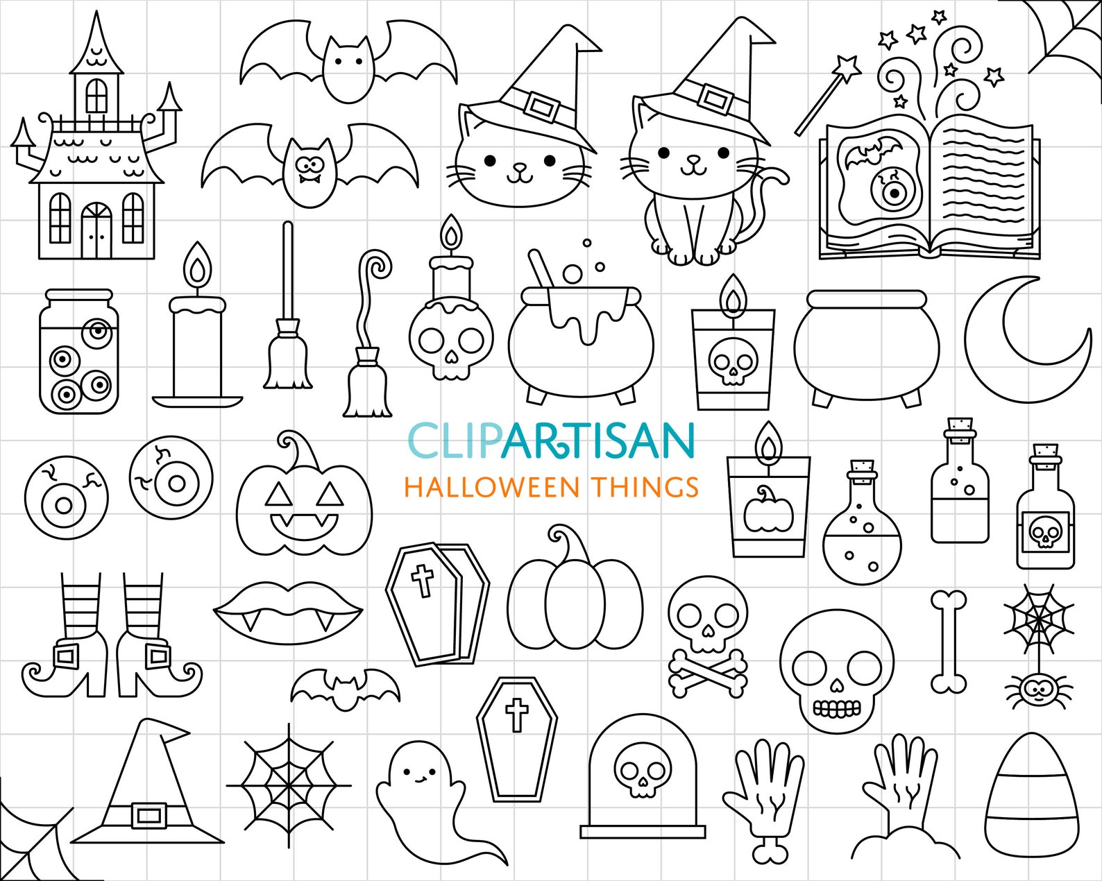 Halloween Things Clipart, Ghost, Witch's Cat, Pumpkin, Jack O' Lantern ...